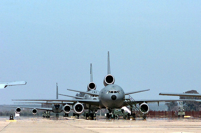 U.S. Air Force KC-10 Extenders line-up on the ramp at an air base in ...