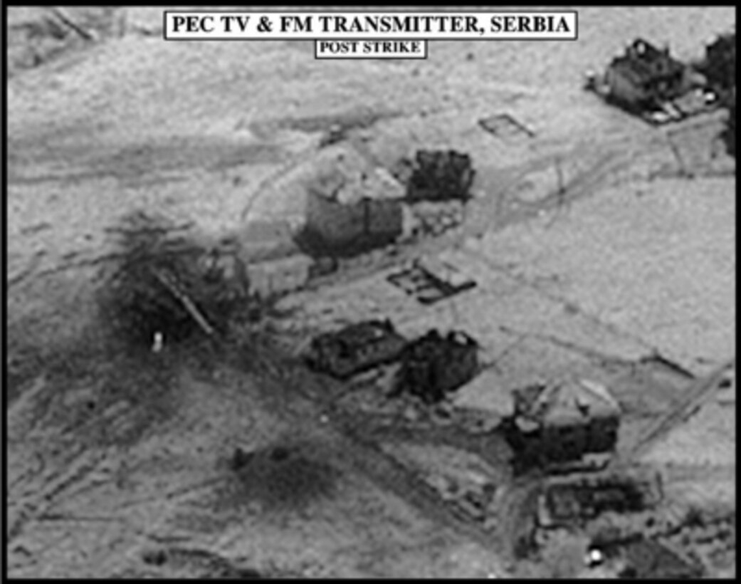 Post-strike bomb damage assessment photograph of the Pec TV and FM ...