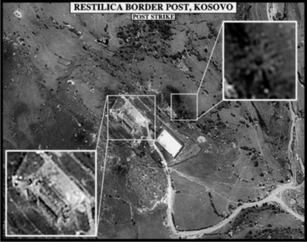 Post-strike bomb damage assessment photograph of the Restilica Border ...