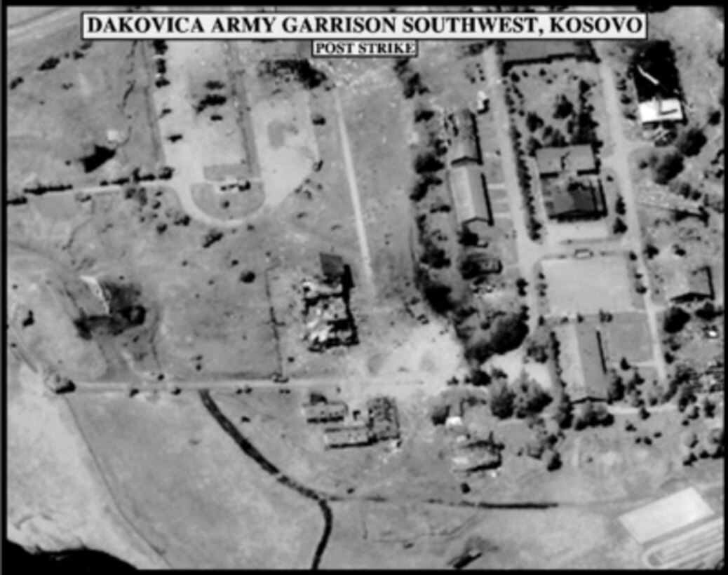 Post-strike bomb damage assessment photograph of the Dakovica Army ...