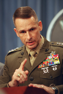 Gen. Peter Pace briefs reporters at the Pentagon on Sept. 26, 2002.