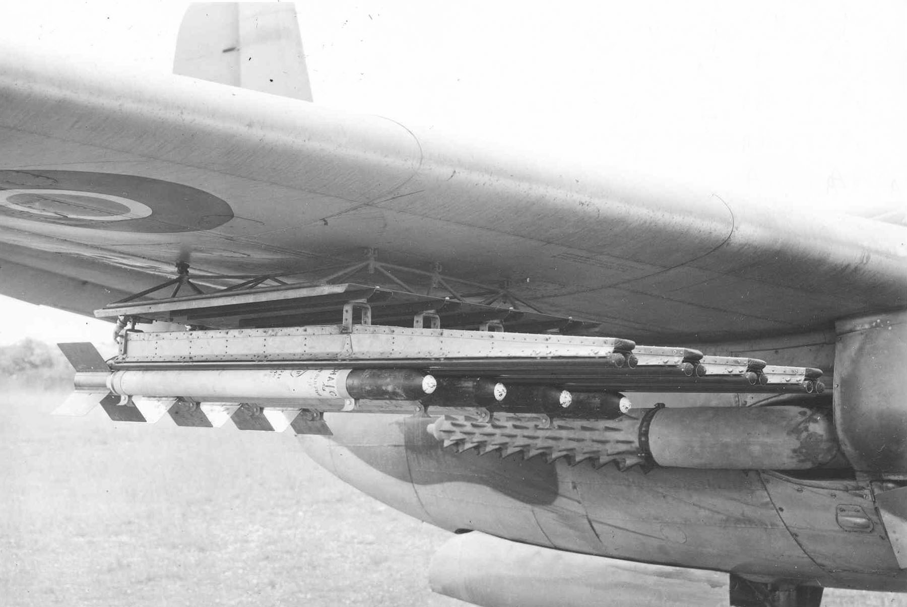 Rockets loaded on the RAF "Boston III" Douglas A-20 with exhaust flash ...