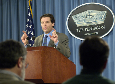 Lawrence Di Rita takes questions from reporters during a Pentagon press ...