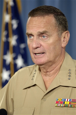 Gen. James L. Jones conducts a press briefing in the Pentagon.