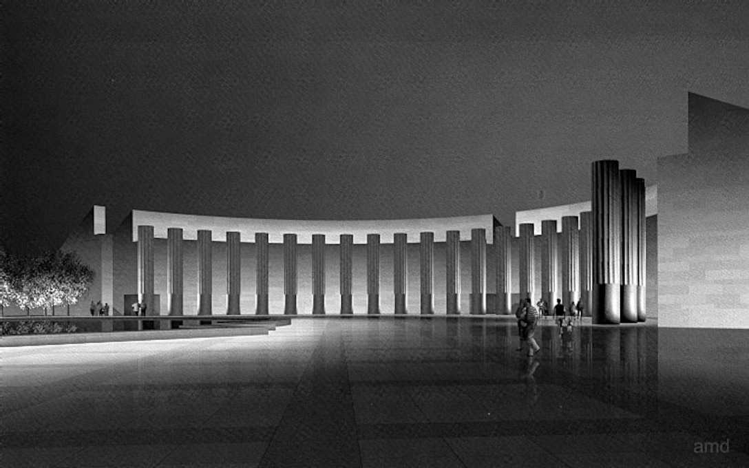 The stone pillars and walls of the World War II Memorial, surrounding ...