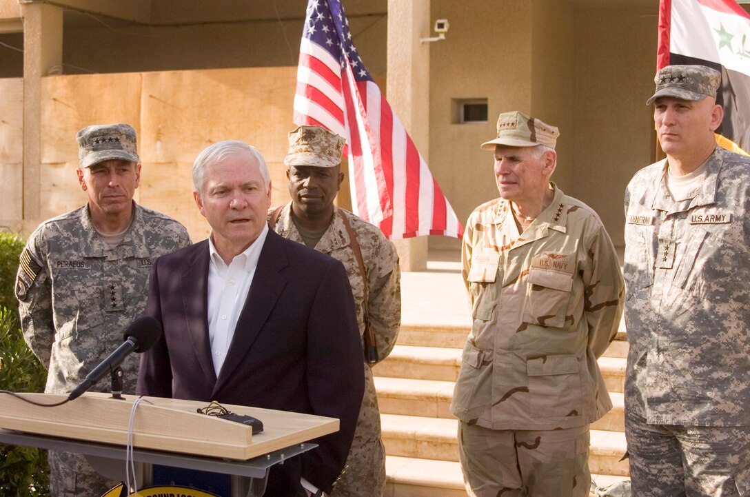 Defense Secretary Robert M. Gates speaks to members of the press in the ...