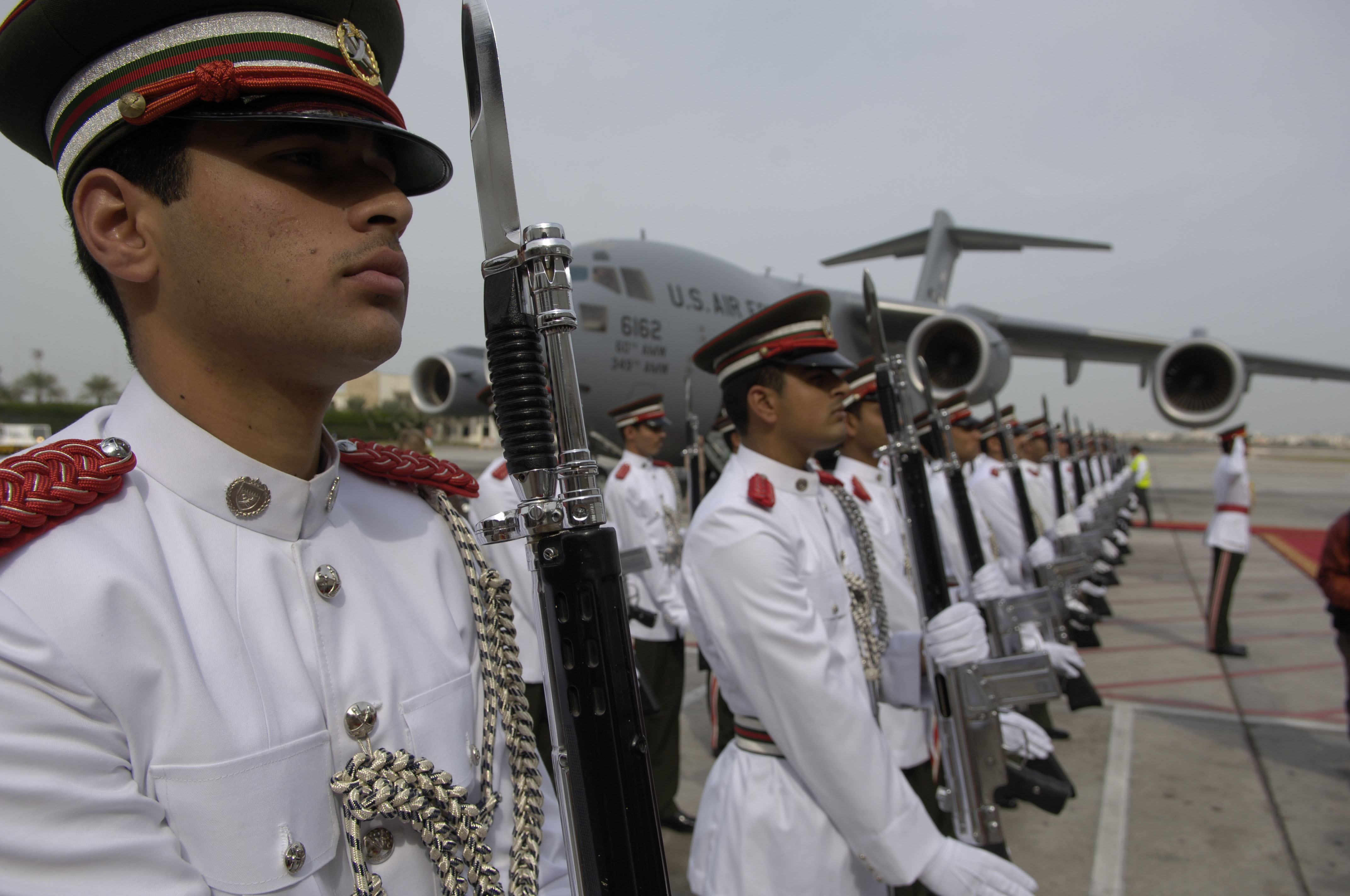 A Bahraini Honor Guard stands at attention for the arrival of U.S ...
