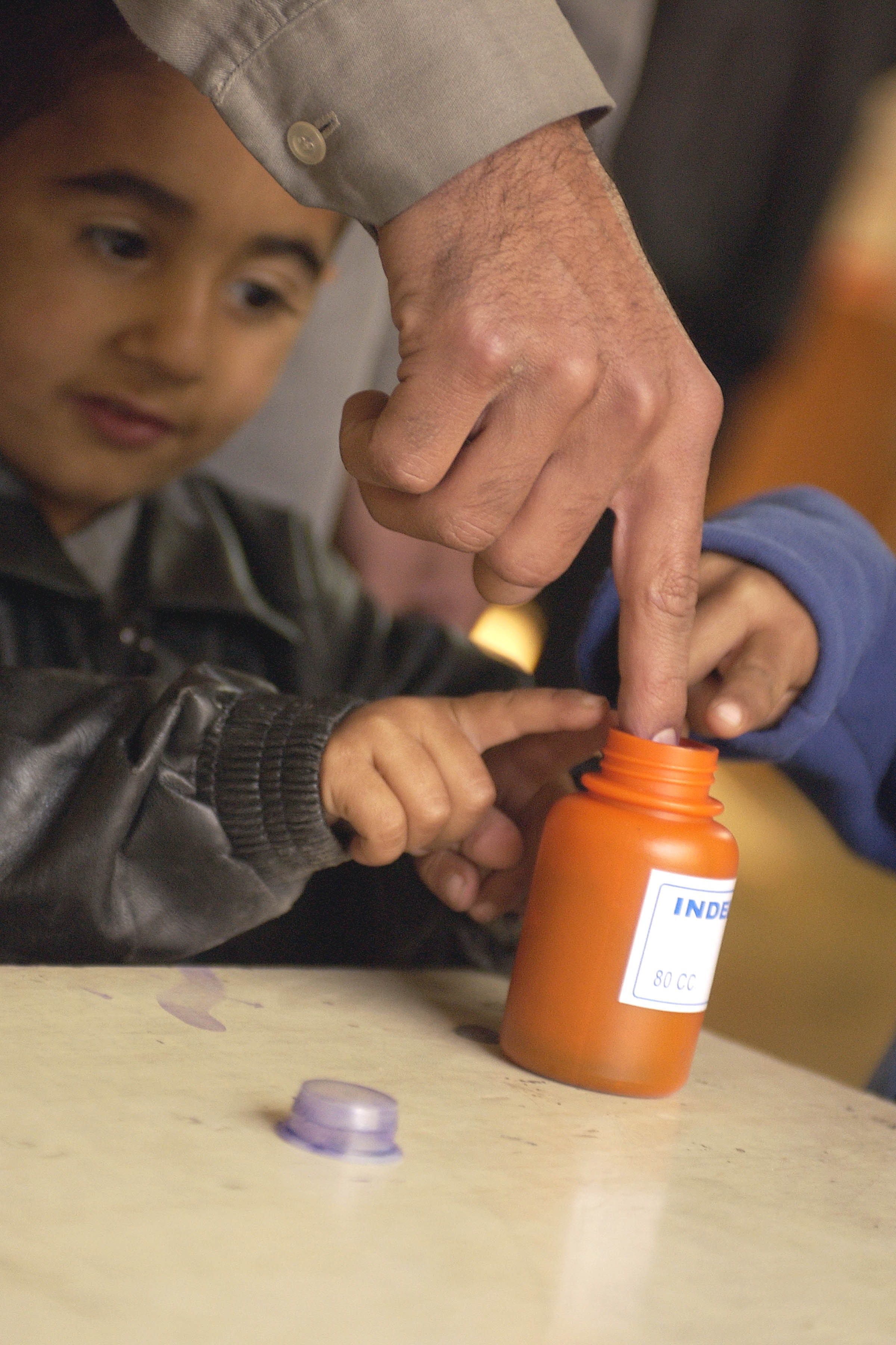 An Iraqi boy looks on as his father dips his finger in the purple ink ...