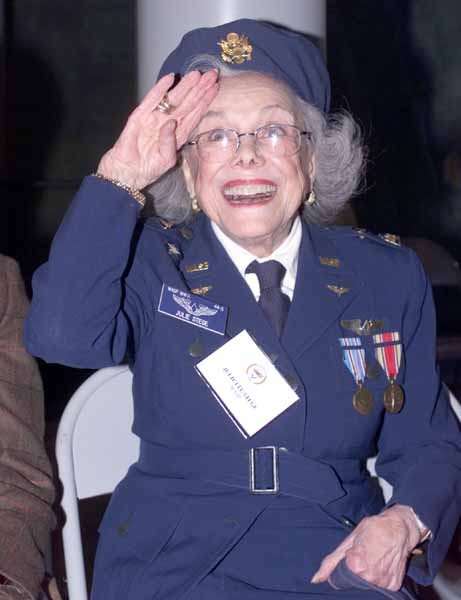 Decked out in her World War II WASP uniform, Julie Stege, 91, gives a ...