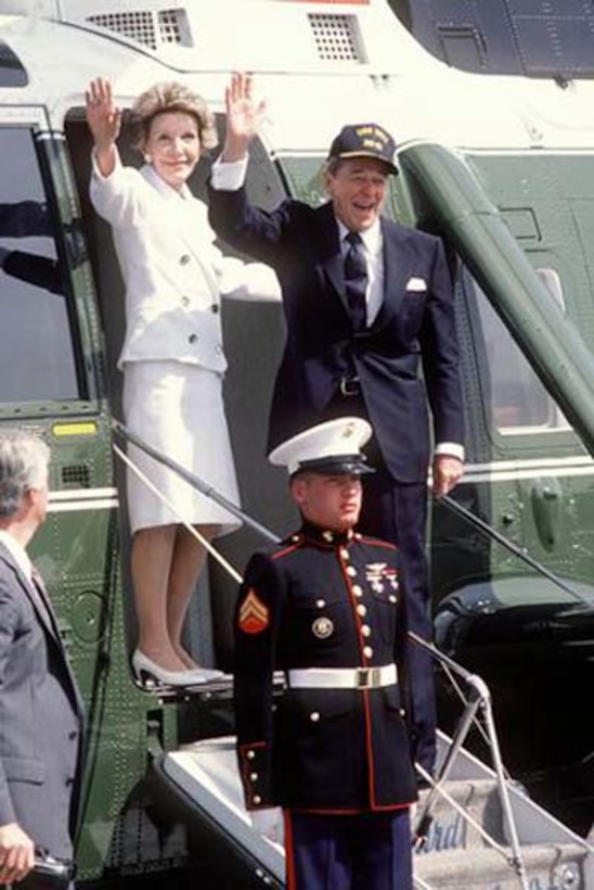 President and Mrs. Ronald Reagan wave as they board Marine One, A VH-3D ...