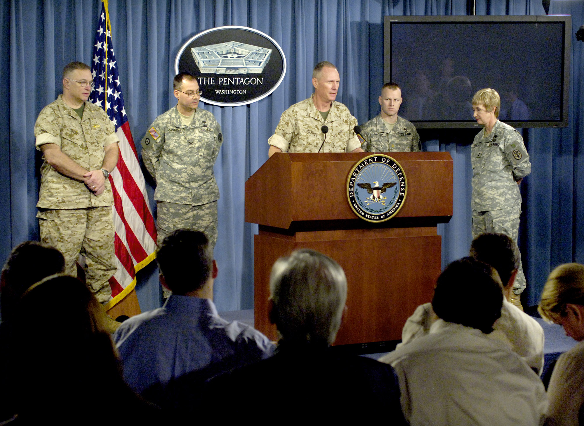 A team of military medical doctors holds a news briefing at the ...