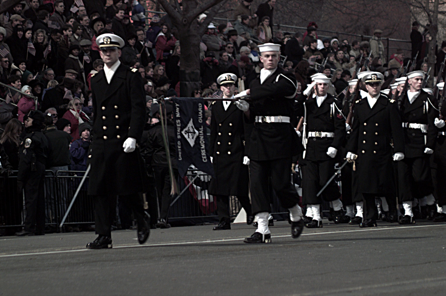 The U.S. Navy Ceremonial Guard Marching Company salutes the president ...