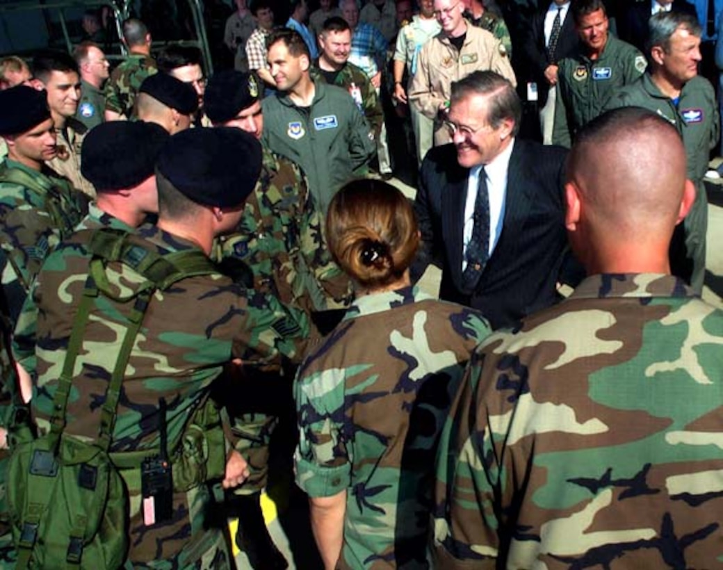 Secretary of Defense Donald H. Rumsfeld meets with U.S. troops who ...