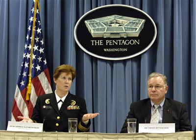 Rear Adm. Elizabeth Hight and Vernon Bettencourt conduct a media ...