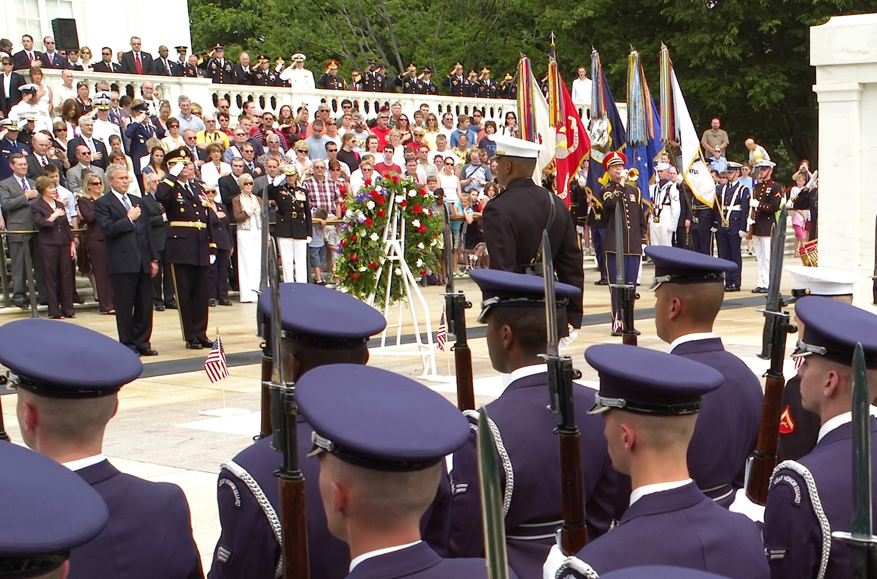 President George W. Bush and other national leaders address the playing ...