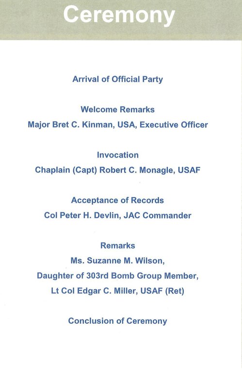 JAC Ceremony Honors World War II 303rd Bomb Group > 501st Combat ...