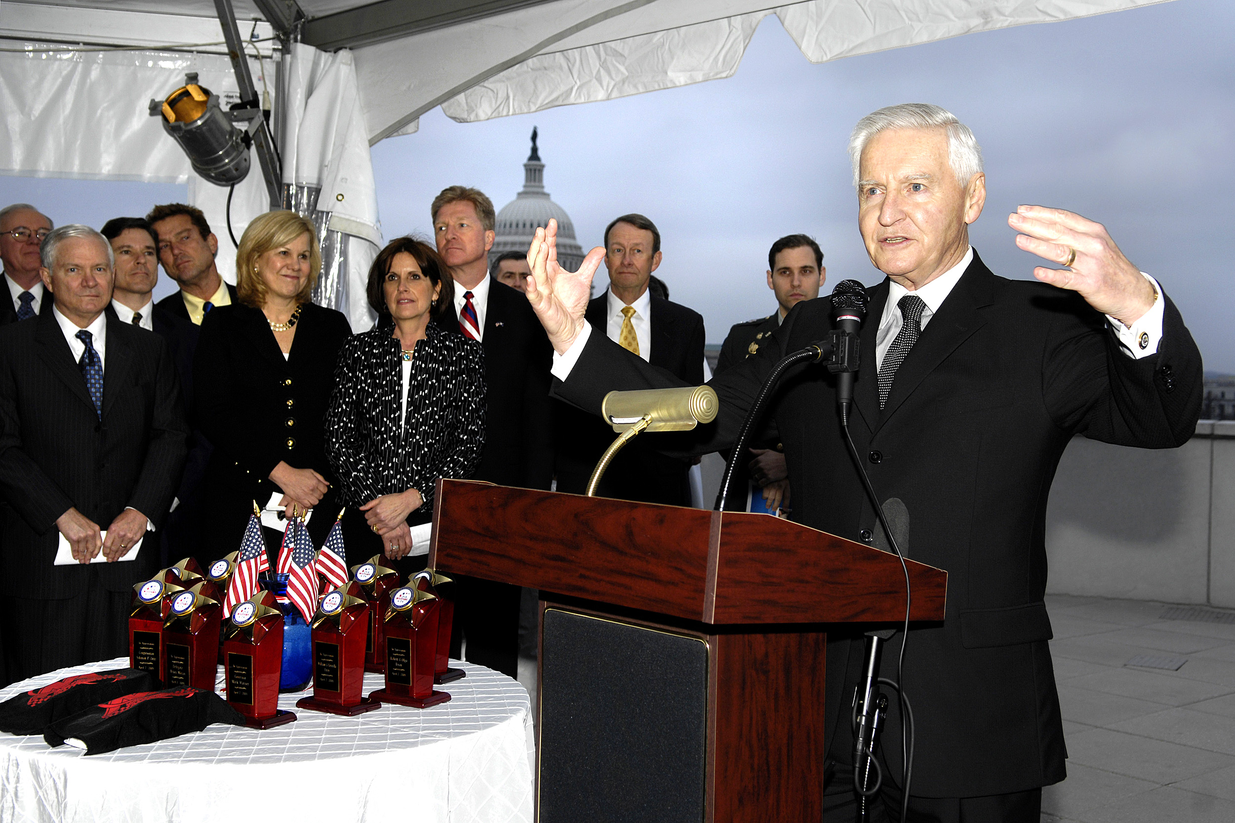 Buzz Hefti speaks to the audience during a reception celebrating "Our ...