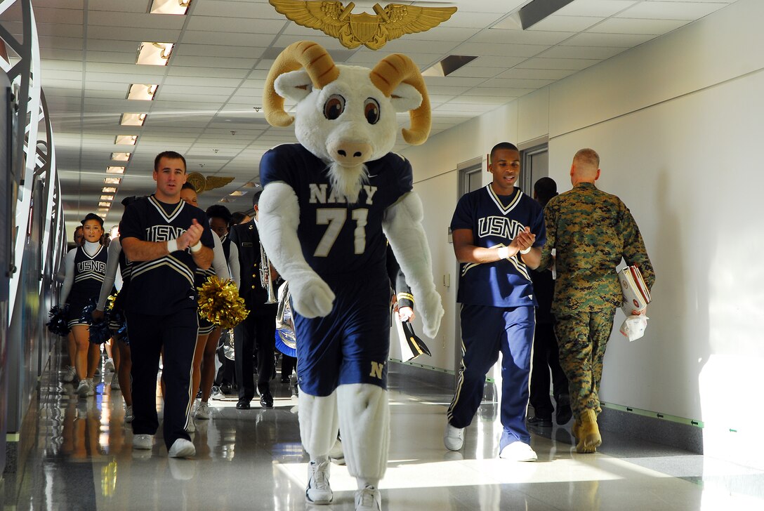 The U.S. Naval Academy mascot leads cheerleaders and members of the U.S ...