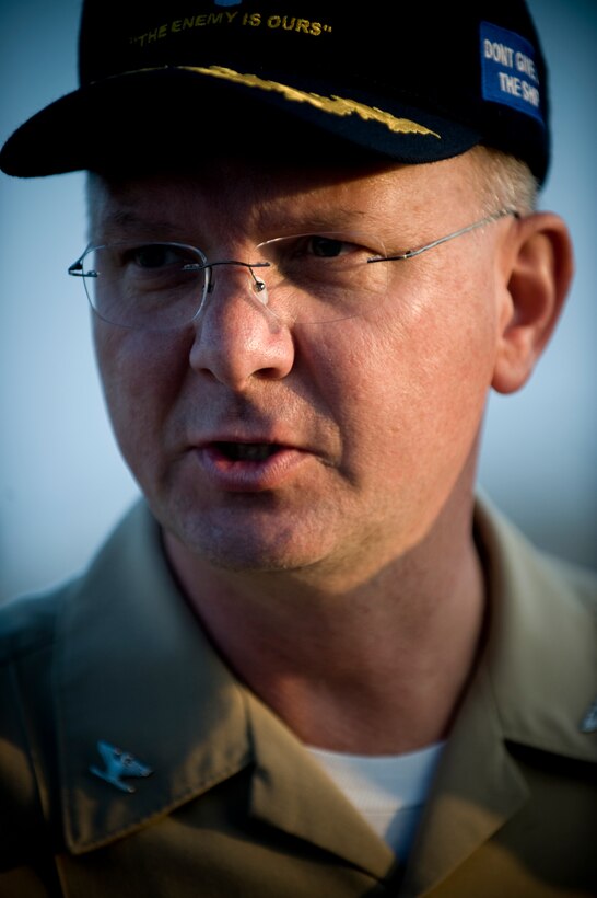 U.S. Navy Capt. Randall M. Hendrickson, commanding officer of the USS Lake Erie, describes the ...