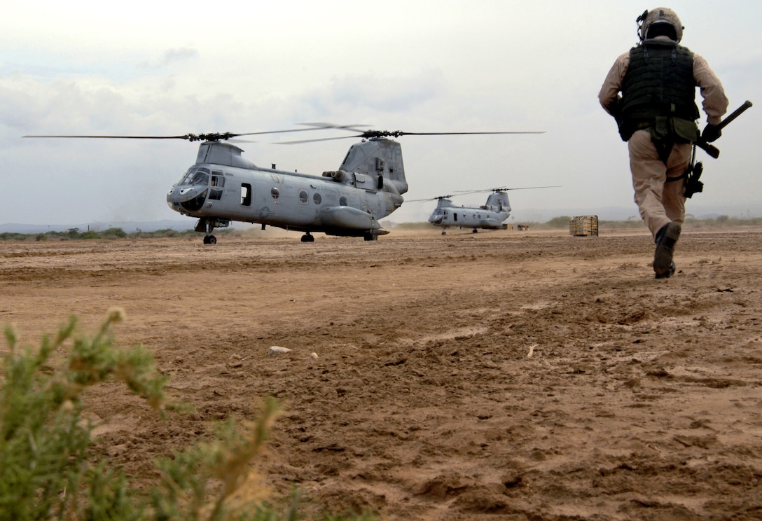 CH-46E transport helicopters from Marine Medium Helicopter Squadron-163 ...