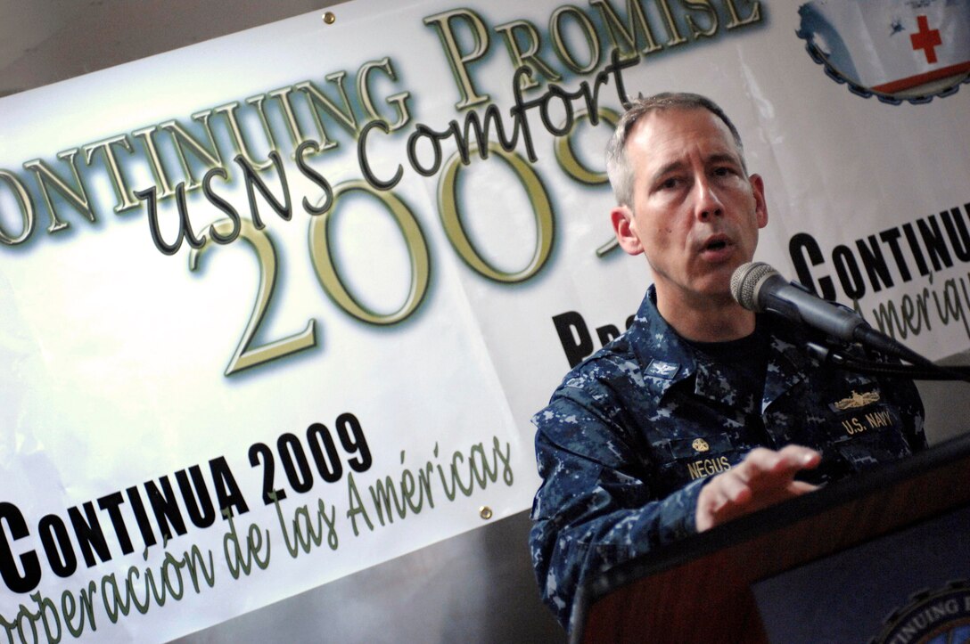 Navy Capt. Tom Negus, mission commander for the USNS Comfort Continuing ...