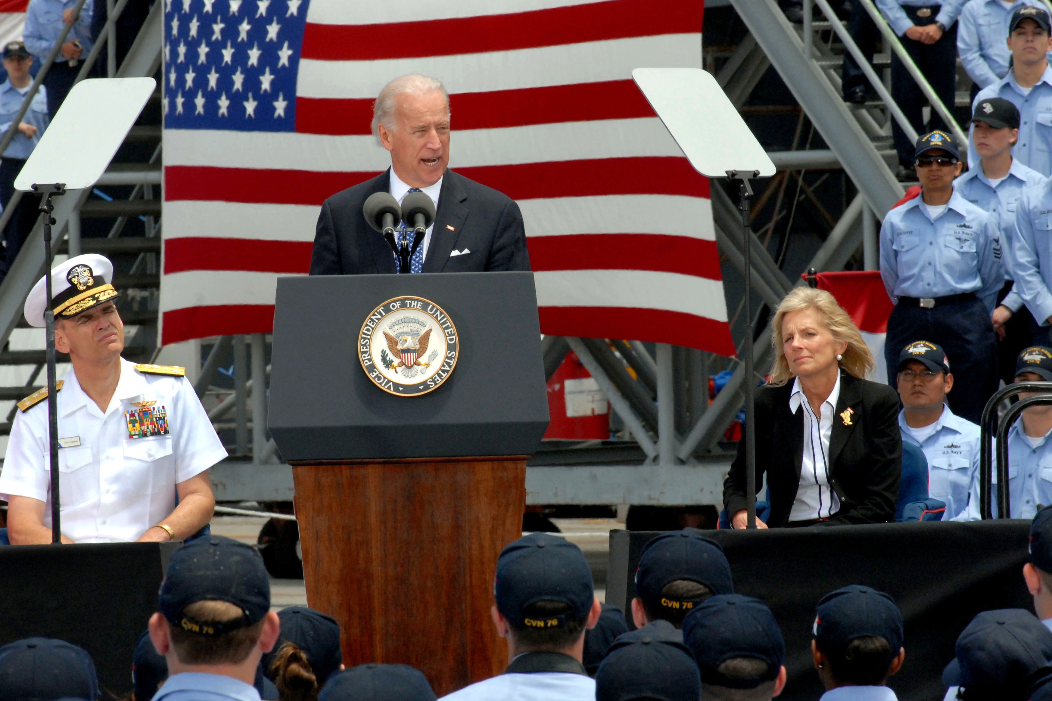 Vice President Joe Biden addresses the crew of the aircraft carrier USS ... Vice President Joe Biden addresses the crew of the aircraft carrier USS ...