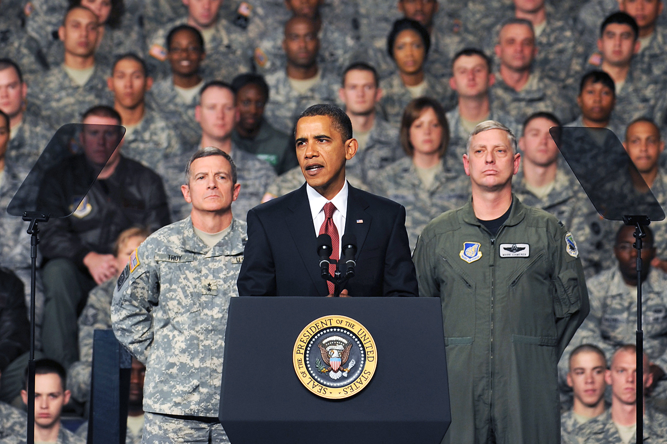 President Barack Obama gives a speech to military personnel and ...