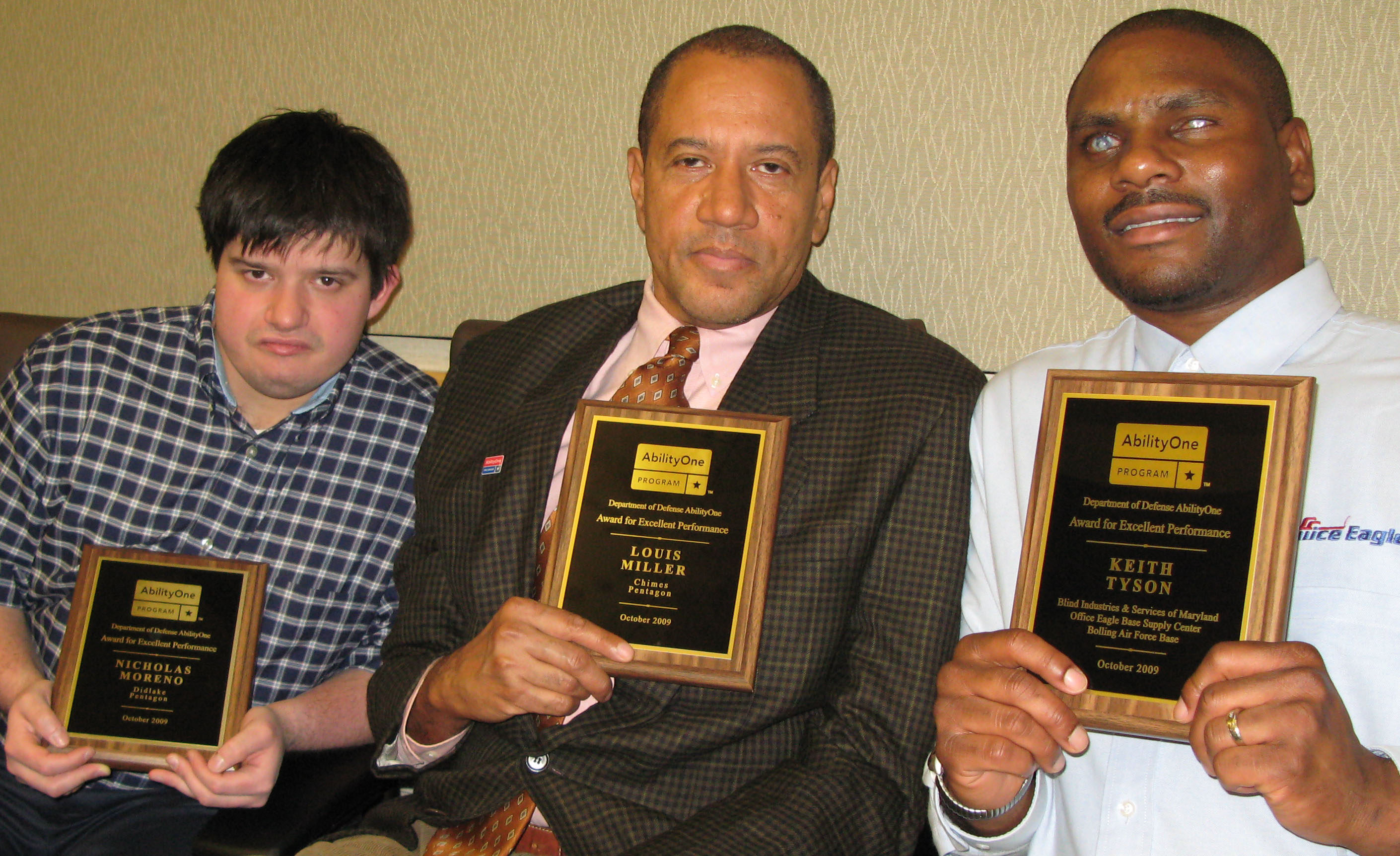 Left to right: AbilityOne employees Nicholas Moreno, Louis Miller and ...