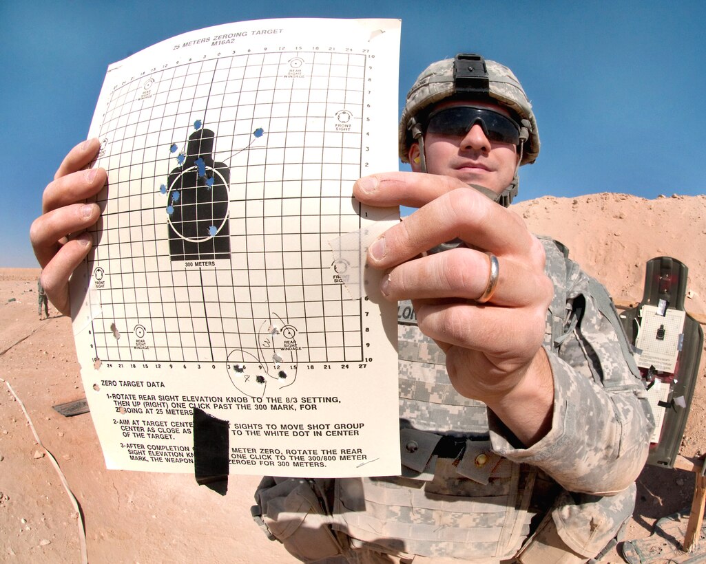 U.S. Army Sgt. 1st Class Patrick Malone displays the results of zeroing ...