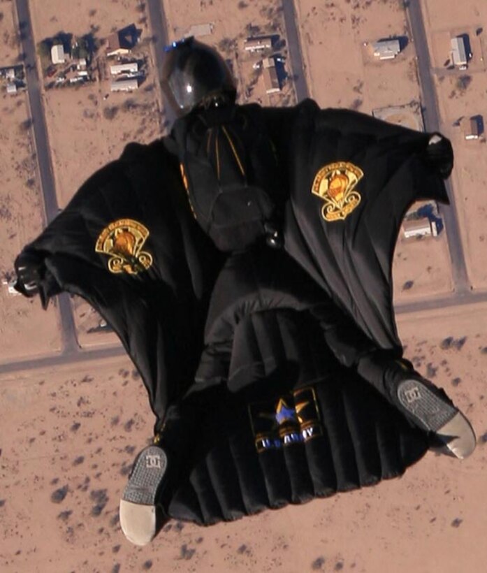 U.S. Army Parachute Team, the Golden Knights wing suit in flight