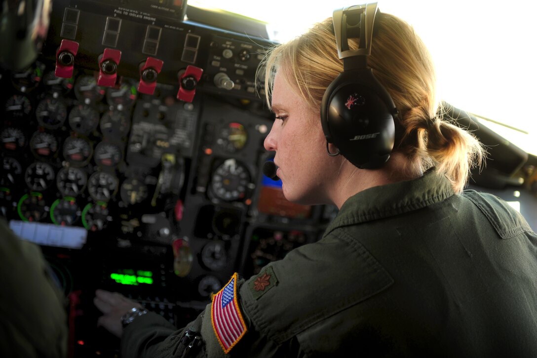 U.S. Air Force Maj. Jenette Jensen prepares an KC-135 Stratotanker ...