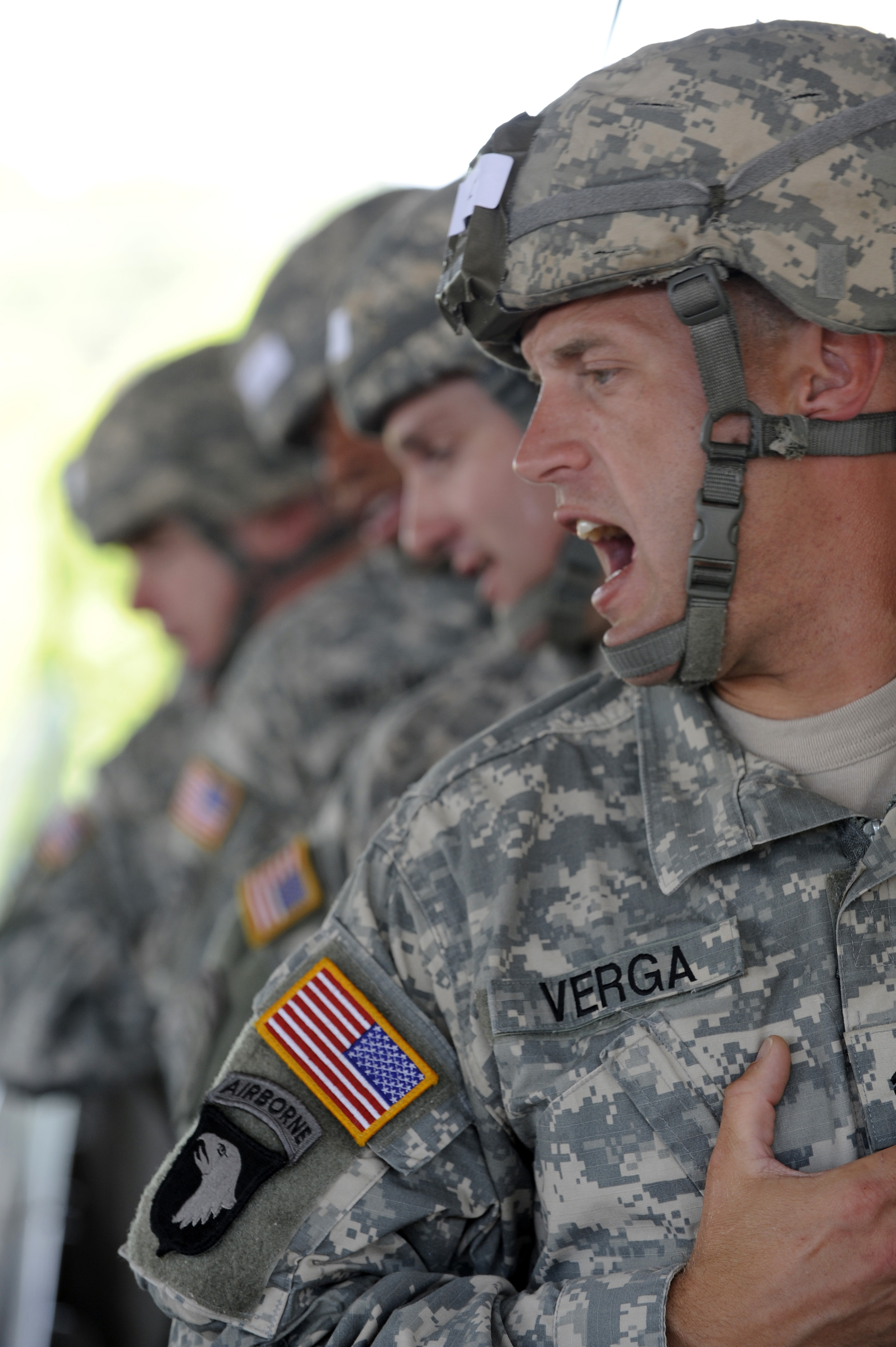 U.S. Army Staff Sgt. Patrick Verga calls out jump commands at a mock ...