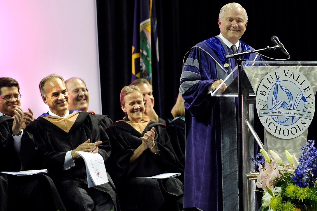 Defense Secretary Robert M. Gates gives his remarks at the Blue Valley ...