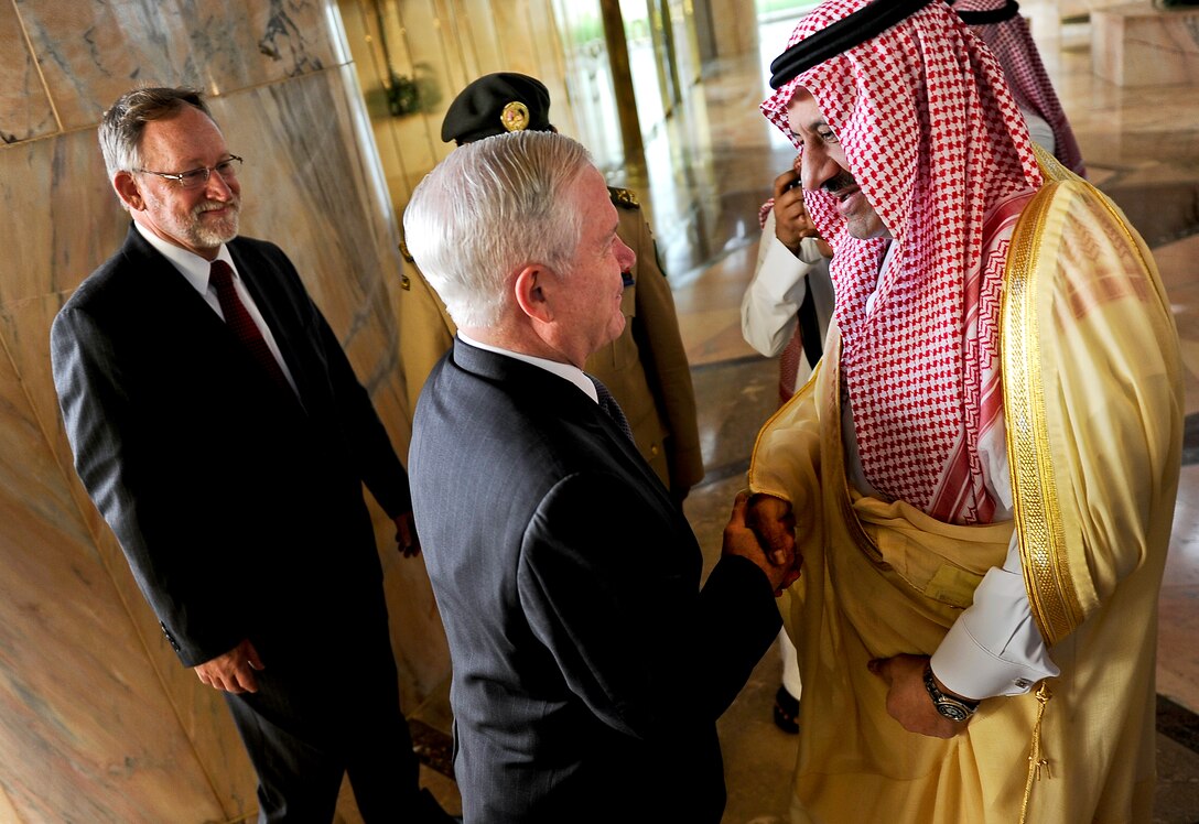 Saudi Arabian Prince Khalid bin Sultan greets U.S. Defense Secretary ...