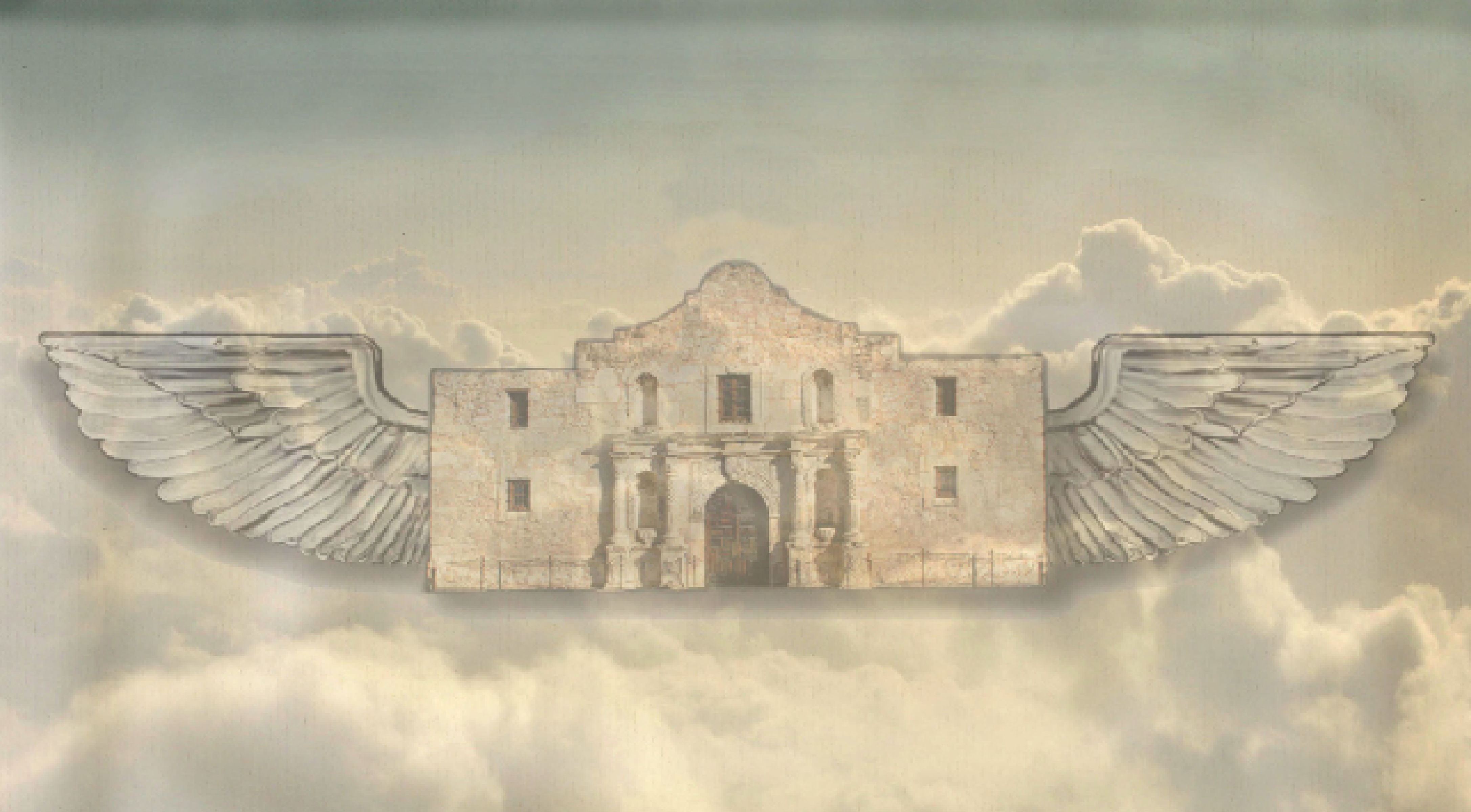 Alamo Wing logo over clouds at sunset