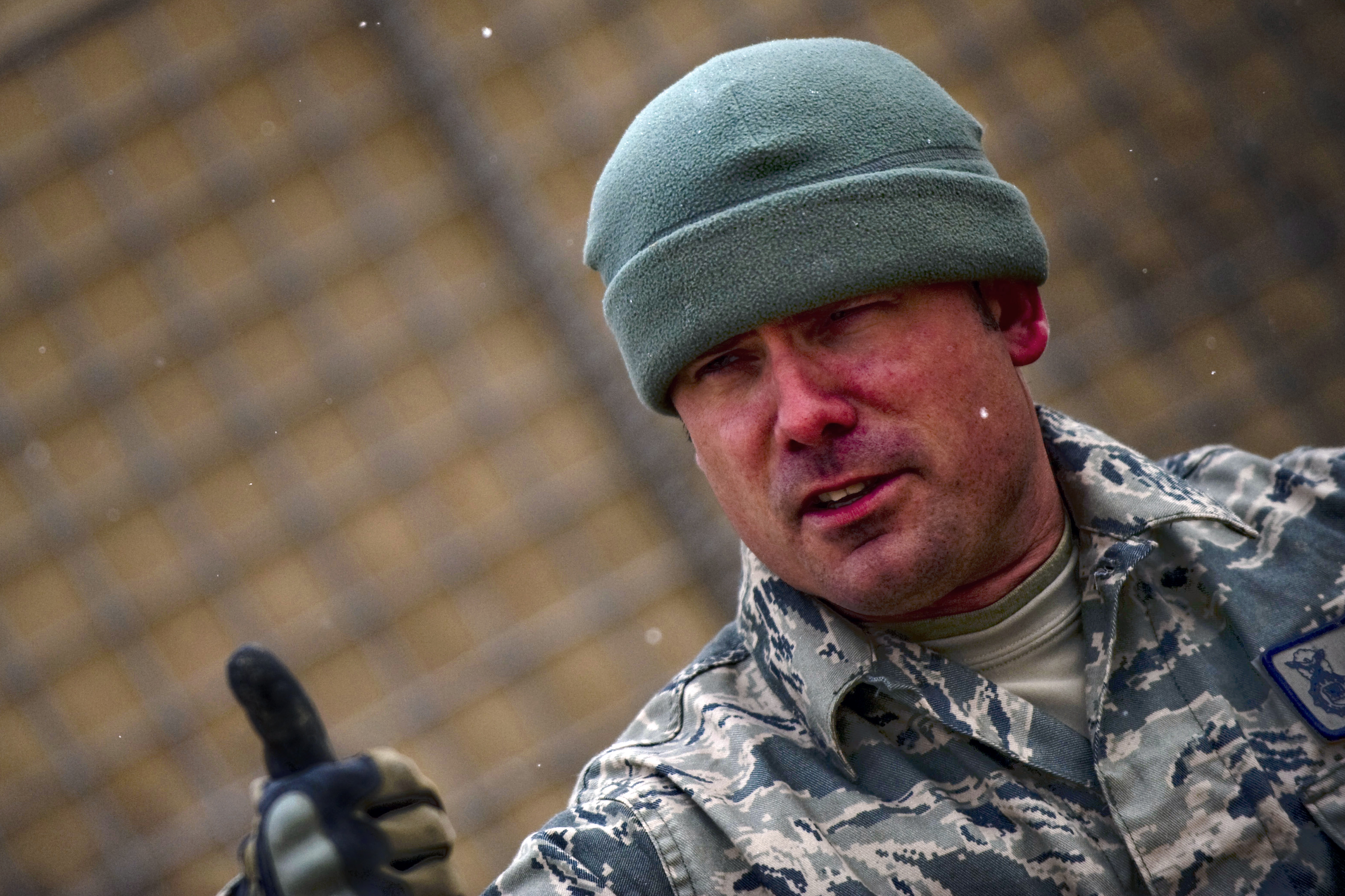U.S. Air Force Staff Sgt. Michael Stevens gives a thumbs up to indicate ...