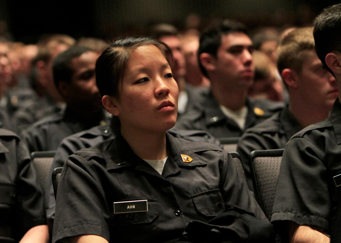 Sophomore Ruby Ahn listens intently as Defense Secretary Robert M ...