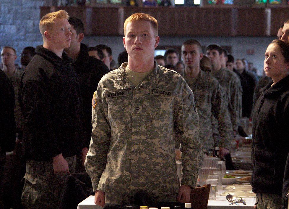 Cadets stand at the position of attention before the arrival of fifteen ...