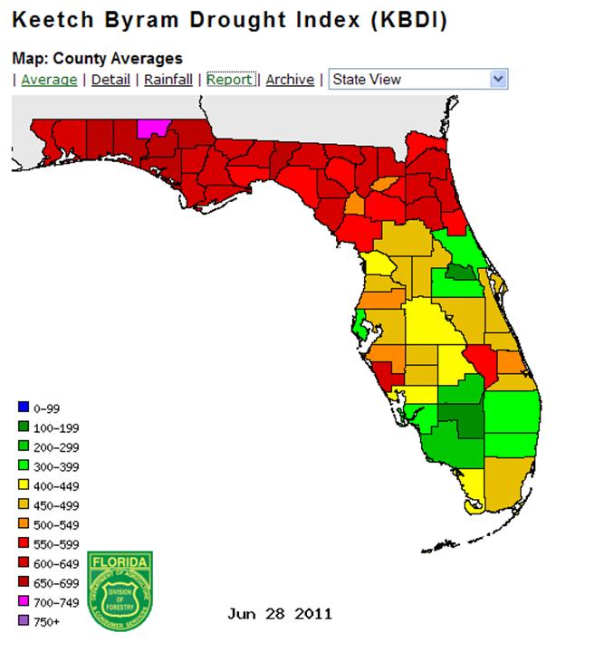 Keetch Byram Drought Index (KBDI) for Florida 28 June 2011