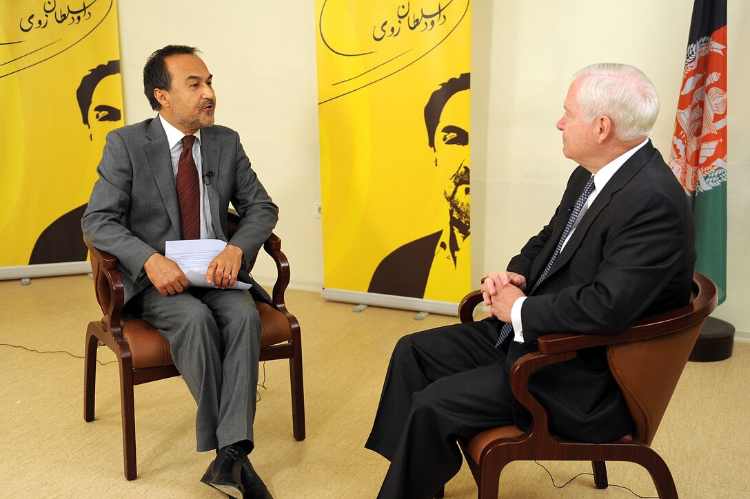 A Tolo TV reporter interviews U.S. Defense Secretary Robert M. Gates in ...