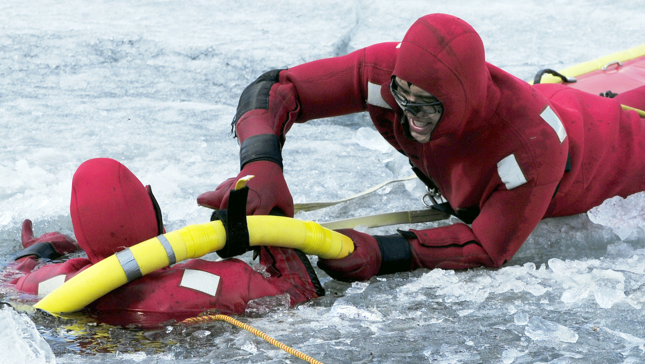Firefighters train in icy lake