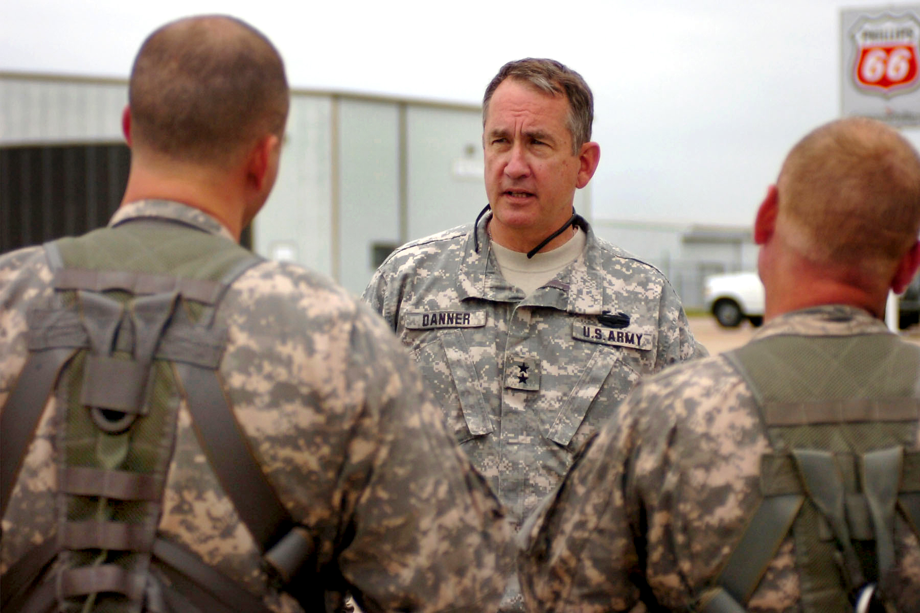 Army Maj. Gen. Stephen Danner, center, talks with crewmembers following ...