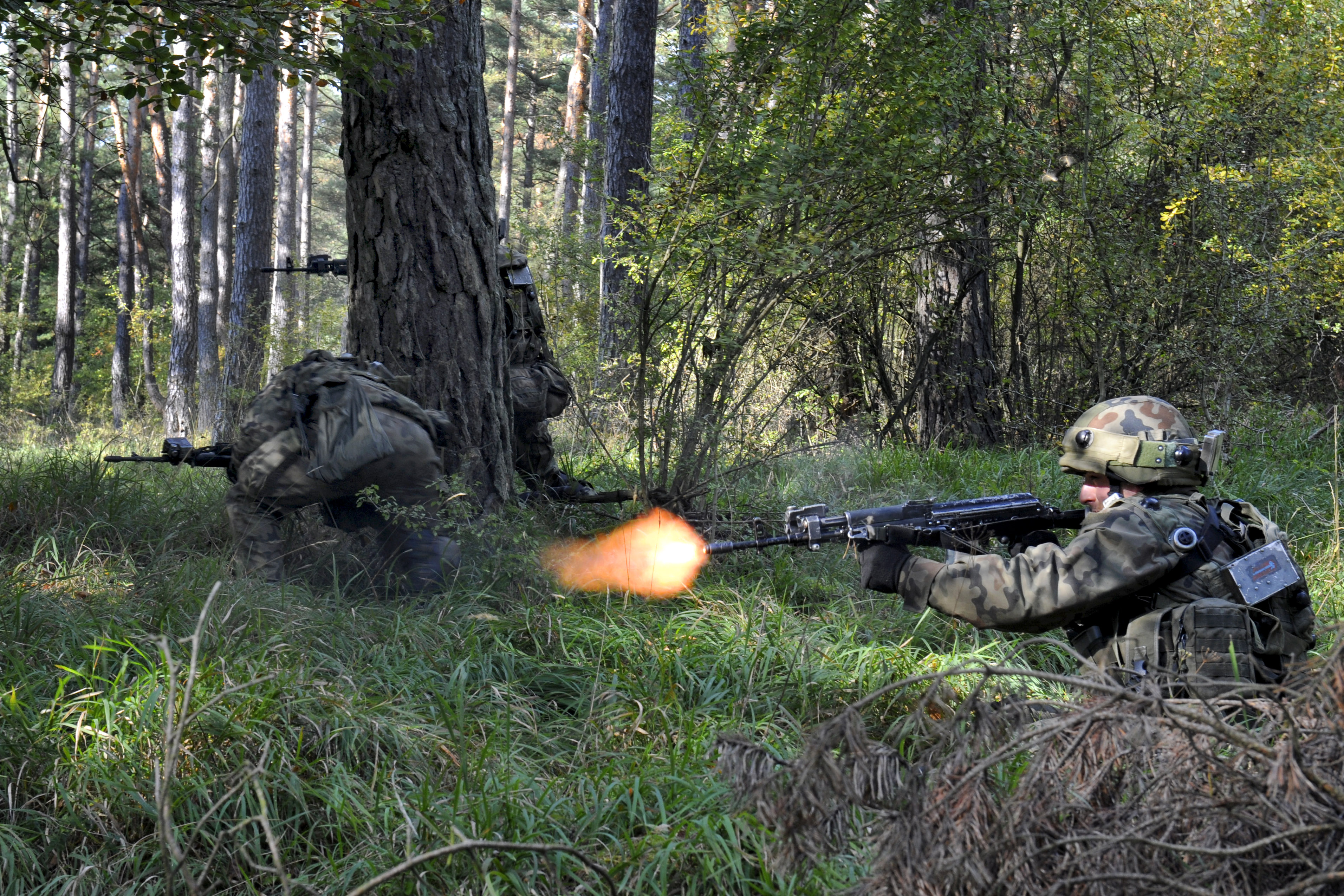 U.S. and Polish soldiers engage opposing forces during an simulated ...
