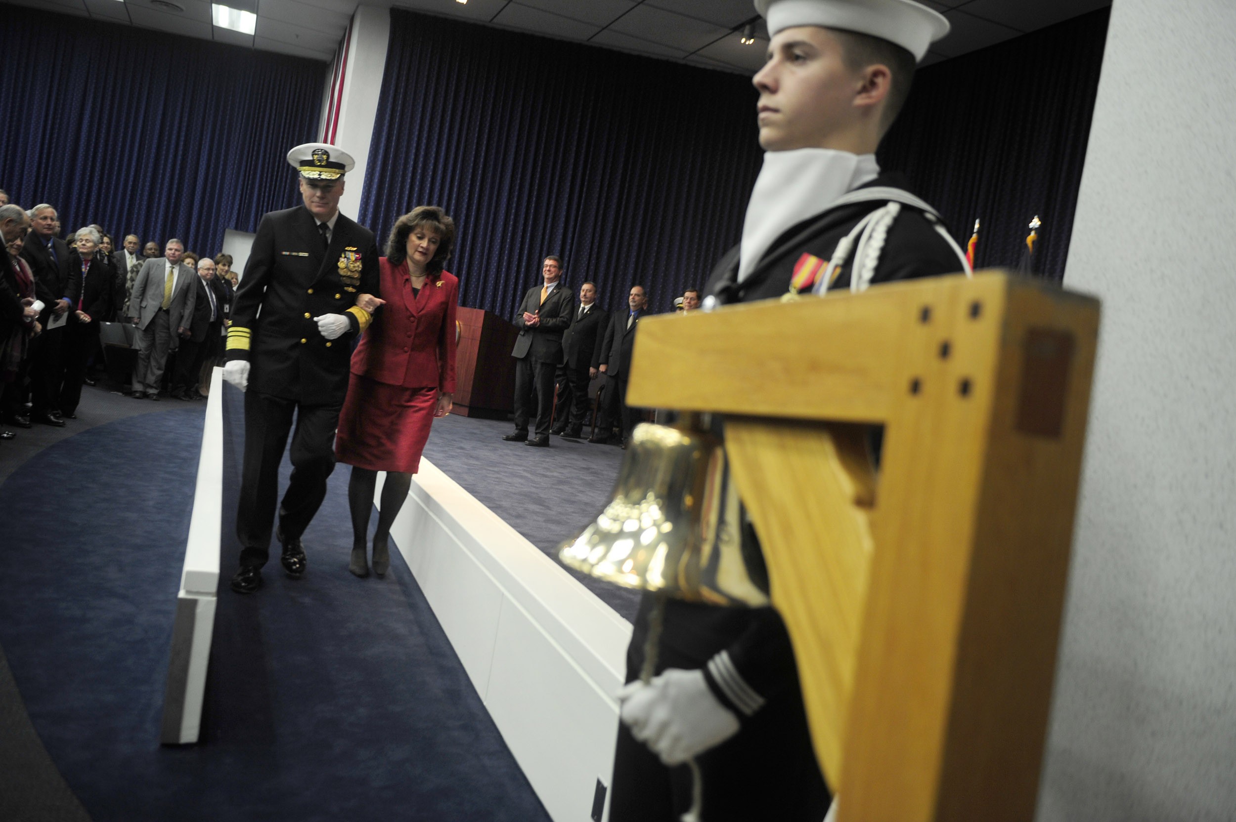 Navy Vice Adm. Alan S. Thompson and his wife, Mary Joe, are piped ...