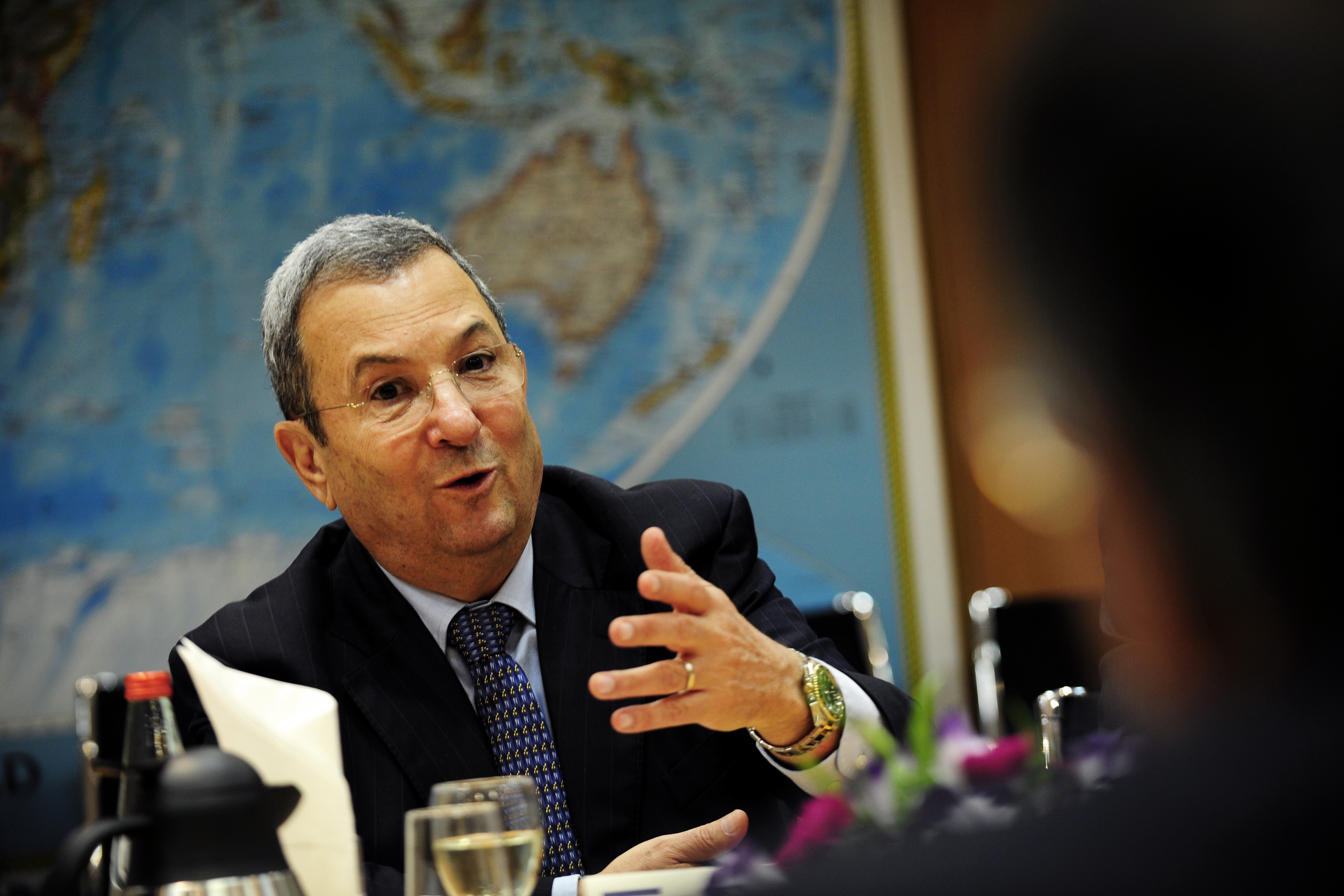 Israeli Defense Minister Ehud Barak talks during a meeting with U.S ...