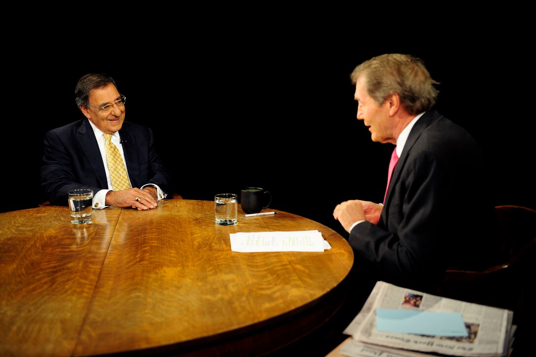 Broadcast journalist Charlie Rose interviews Defense Secretary Leon E ...