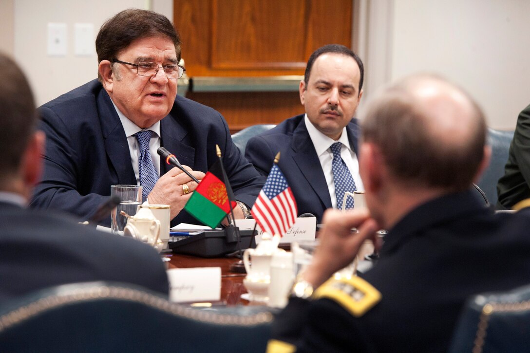 Afghan Defense Minister Abdul Rahim Wardak talks during a meeting with ...