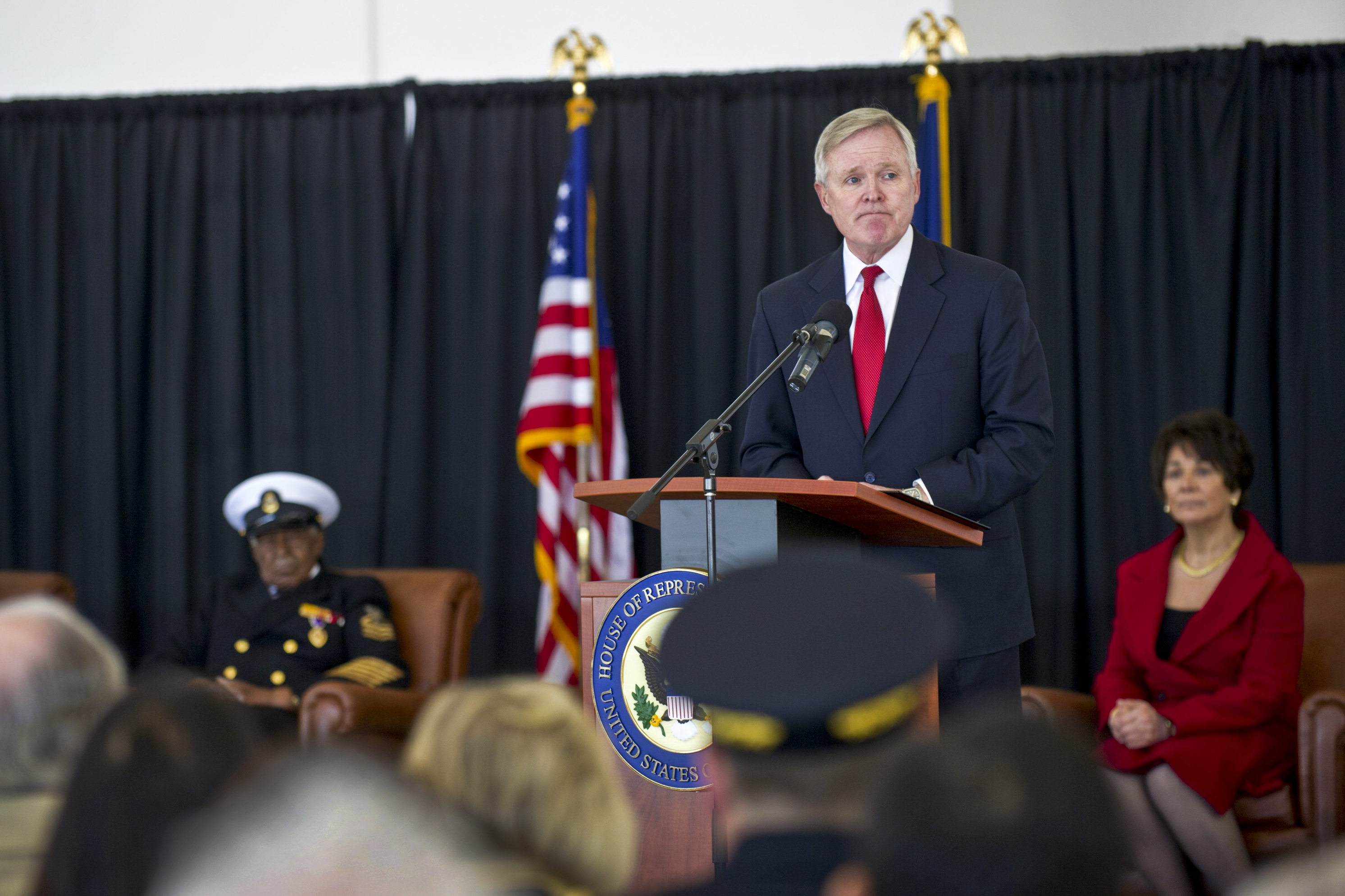 Navy Secretary Ray Mabus delivers remarks during a ceremony for a 95 ...