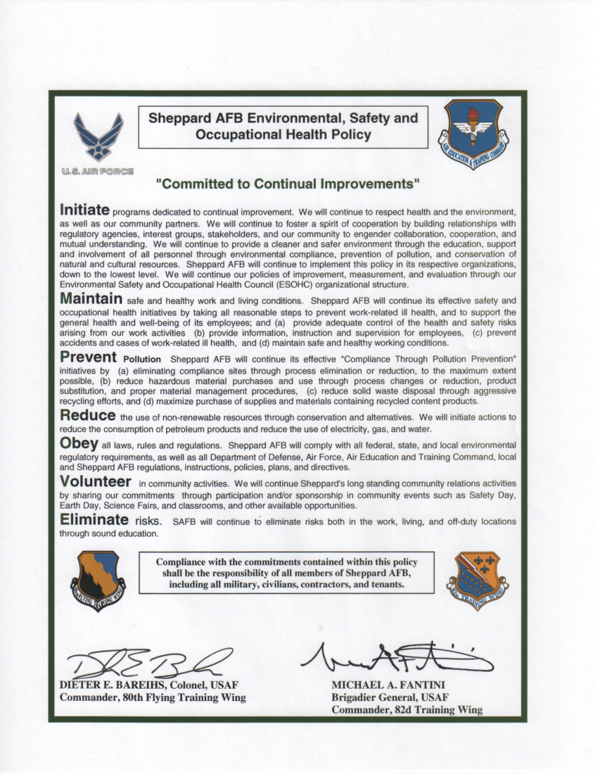 Sheppard AFB Environmental, Safety and Occupational Health Policy
