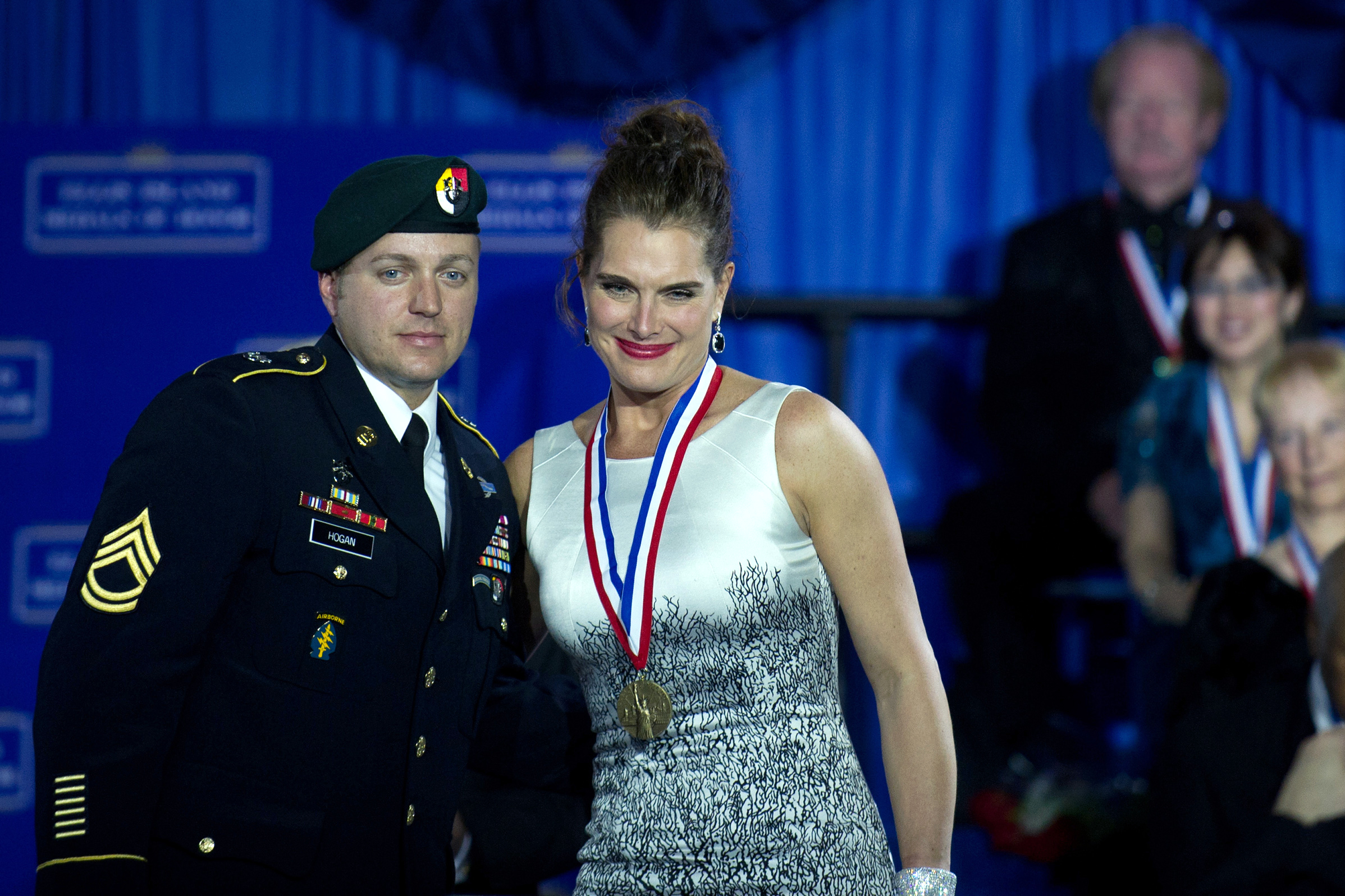 Actress Brooke Shields receives the Ellis Island Medal of Honor from an ...